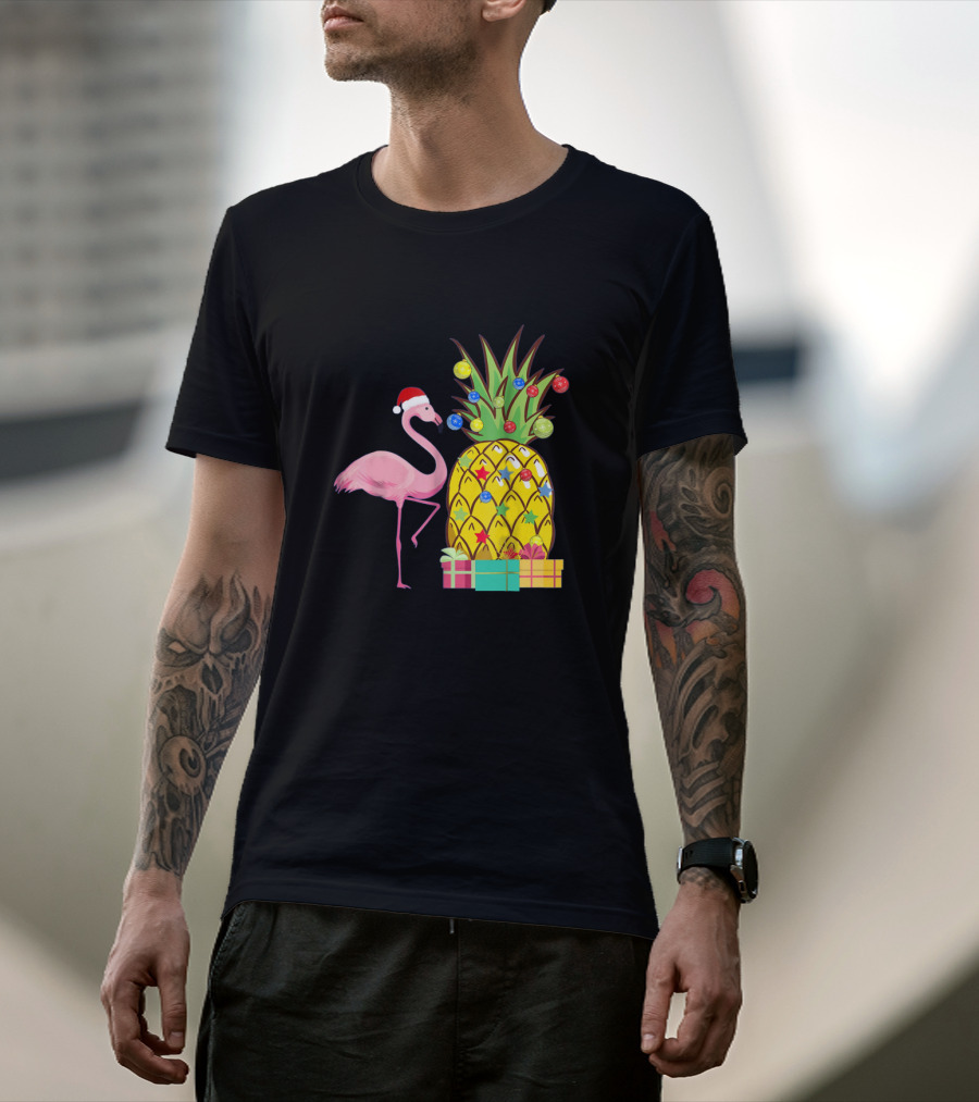 Santa Flamingo Christmas Pineapple With Colorful Ornaments And Holiday Gifts T-Shirt