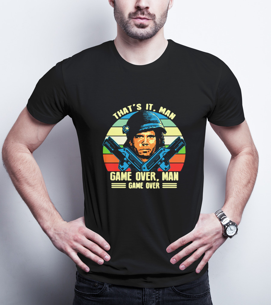 That's It Man Game Over Man Game Over Soldier Dual Guns Retro Stripes T-Shirt