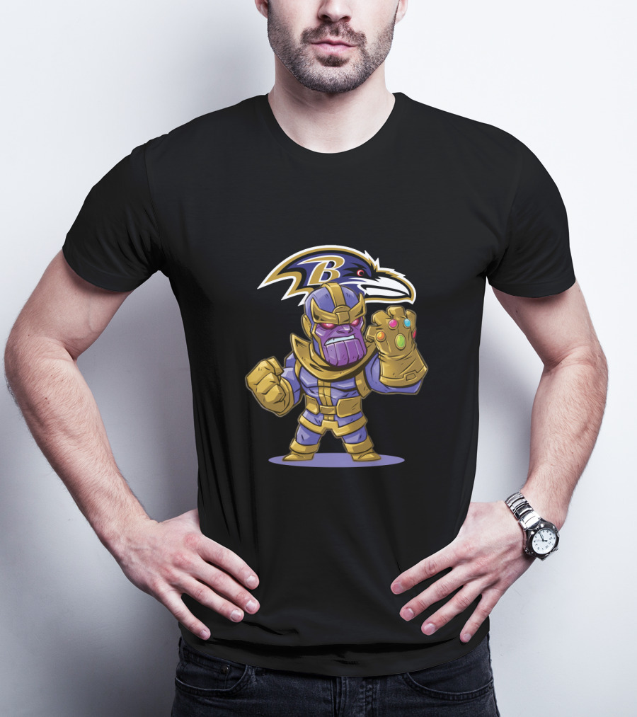 Thanos Marvel Character With Infinity Gauntlet And Baltimore Ravens Nfl T-Shirt