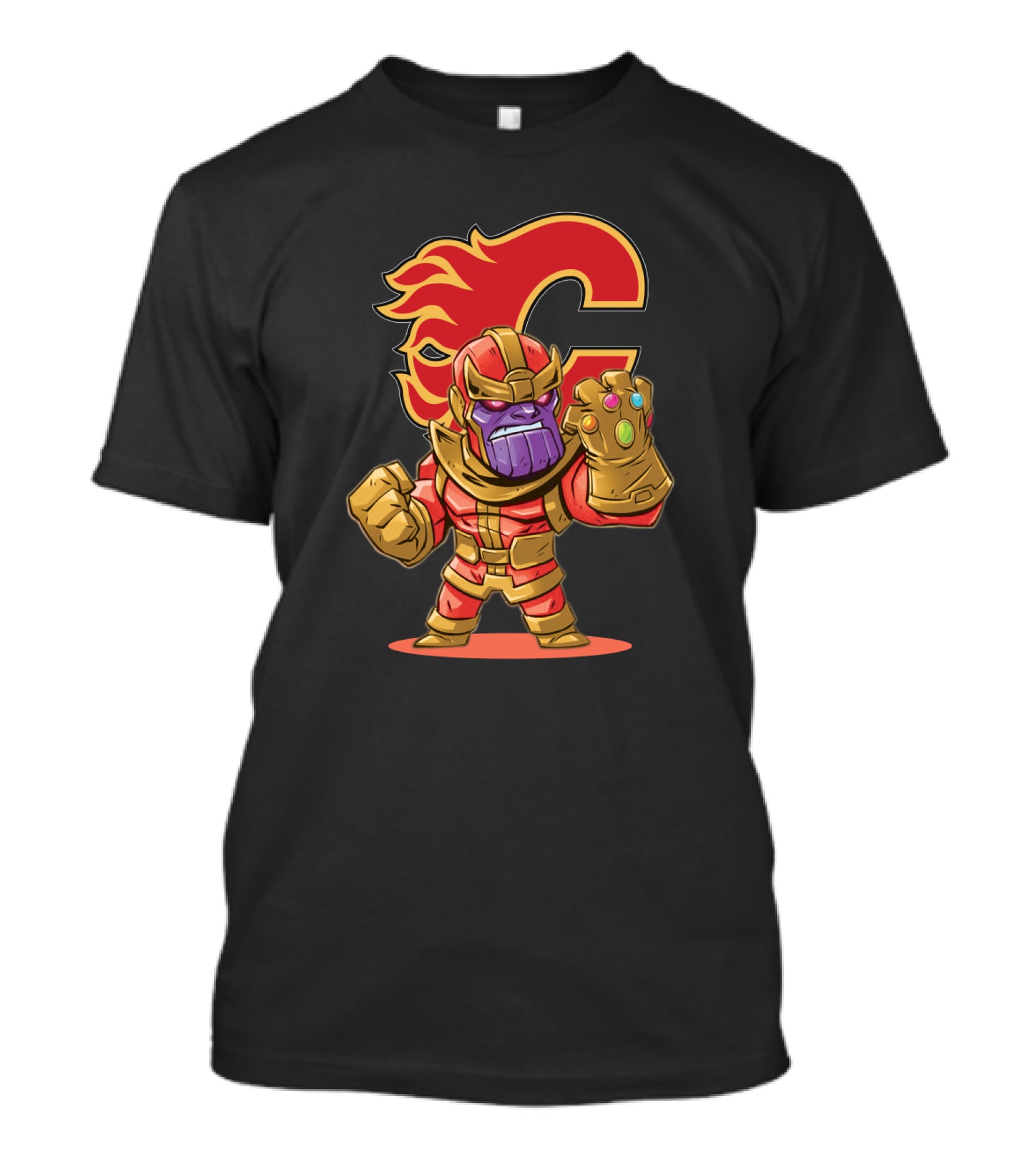 Thanos In Calgary Flames Colors With Team Logo Background T-Shirt