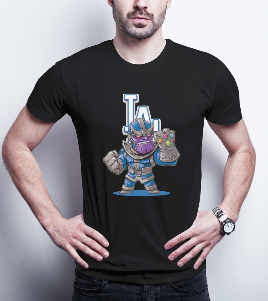 Thanos In Los Angeles Dodgers Colors With Infinity Gauntlet Front Of LA T-Shirt