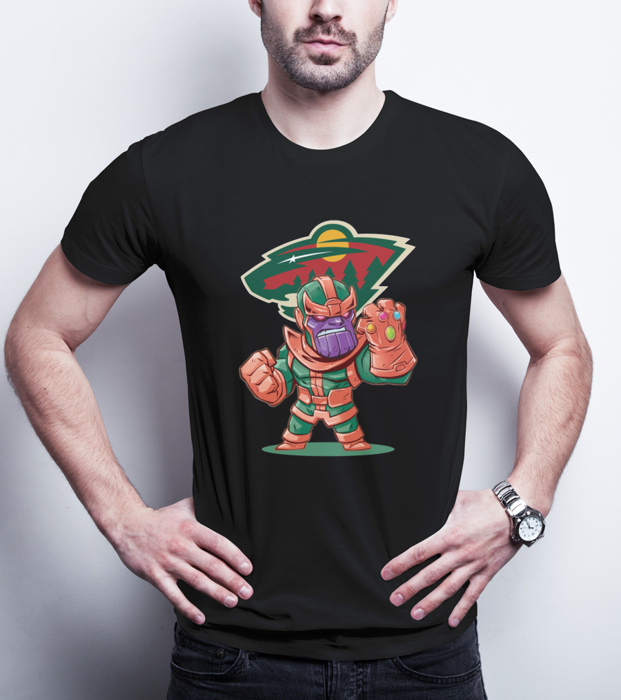 Thanos Cartoon With Infinity Gauntlet And Minnesota Wild Logo Background T-Shirt