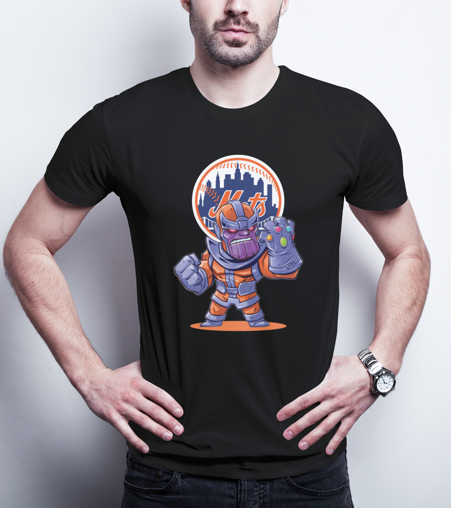 Thanos Wears New York Mets Colors With Infinity Gauntlet And Mets Skyline T-Shirt