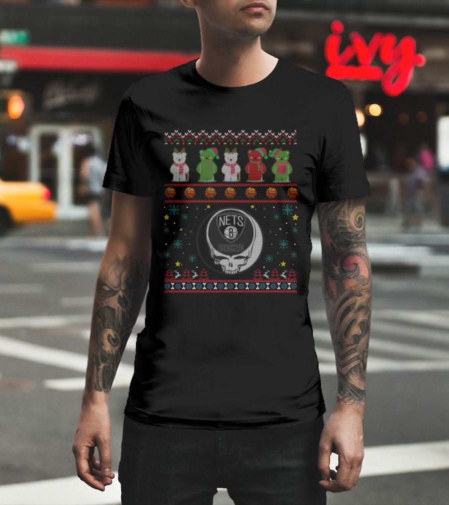 Brooklyn Nets Grateful Dead Bears Christmas Basketball T-Shirt