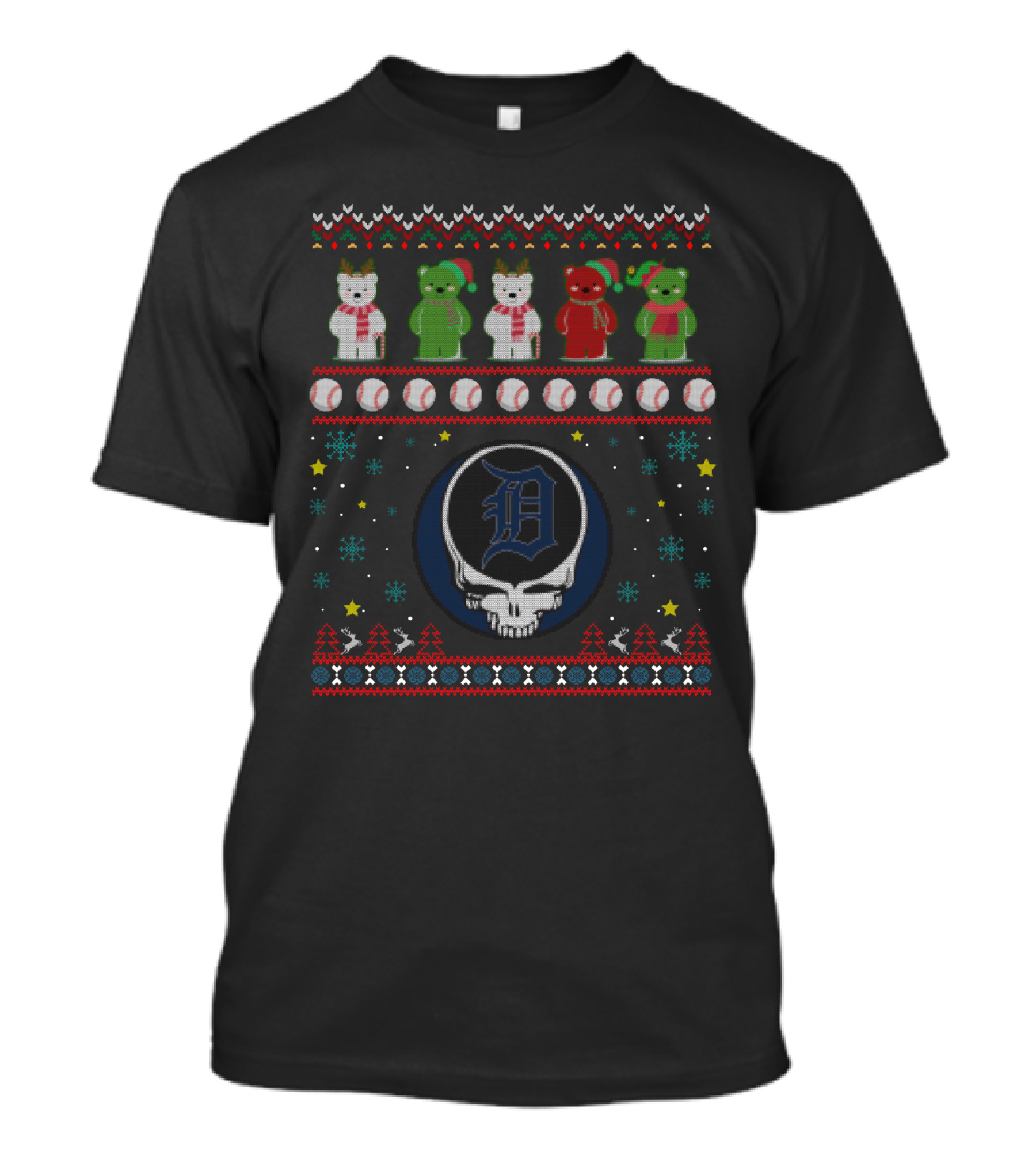 Detroit Tigers Bears Grateful Dead Ugly Christmas Sweater Baseball T-Shirt