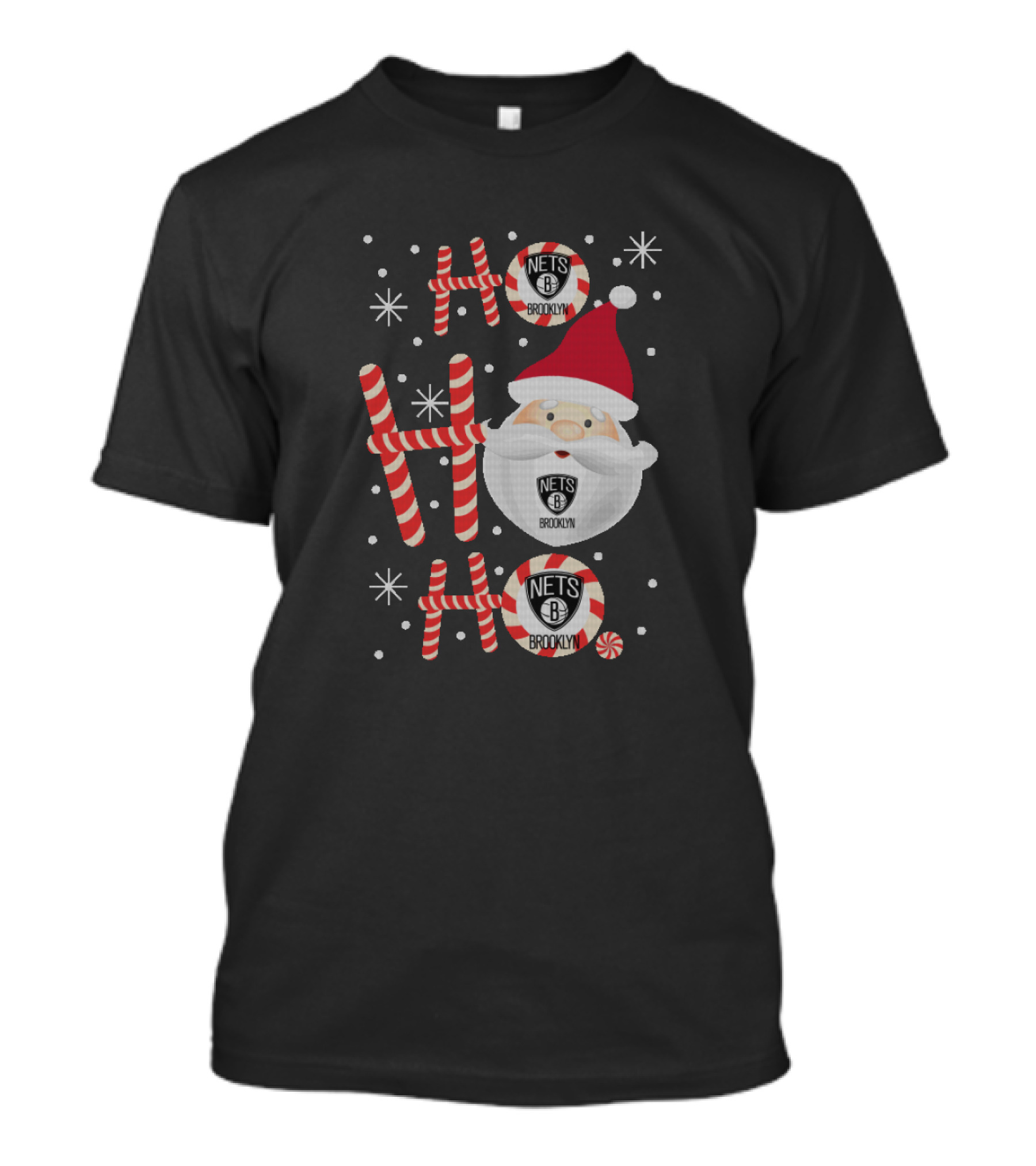 Brooklyn Nets Xmas Ho Ho Ho Santa Candy Cane Theme T-Shirt