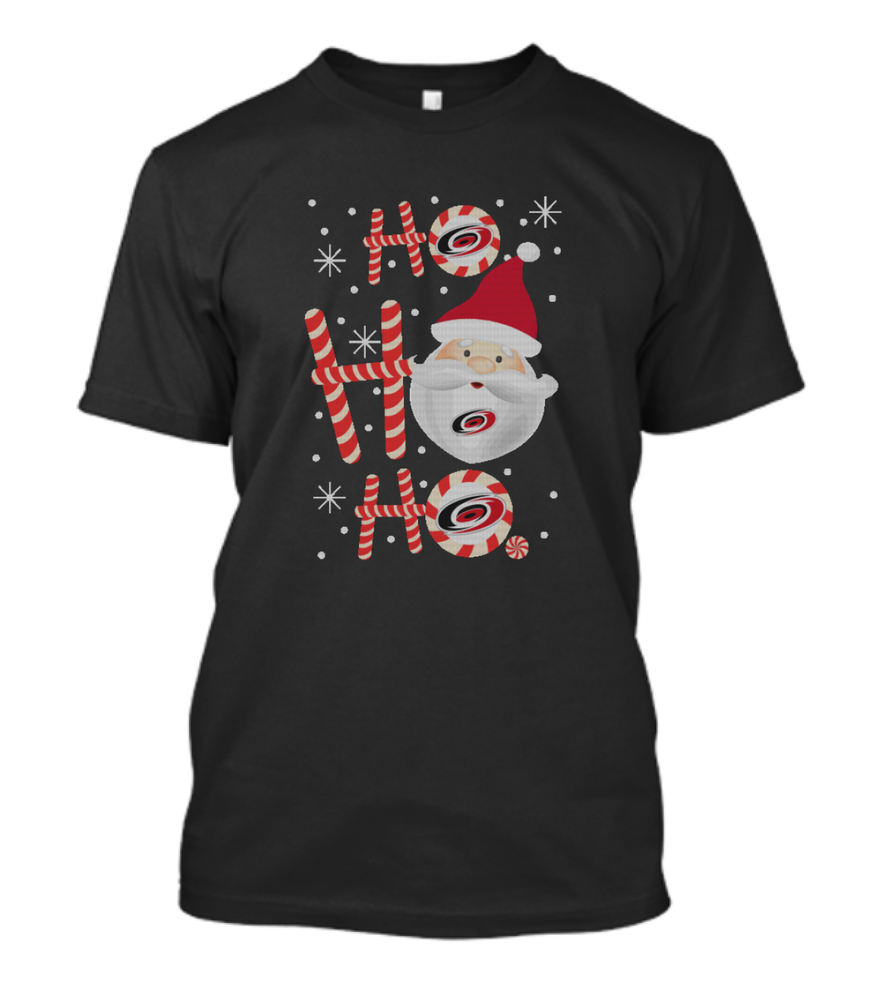 Ho Ho Ho Santa Claus With Candy Canes And Carolina Hurricanes Logo Christmas Fans T-Shirt