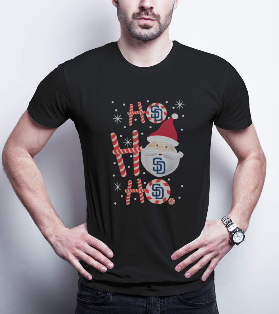 Ho Ho Ho Christmas San Diego Padres Santa Candy Cane Snowflakes T-Shirt