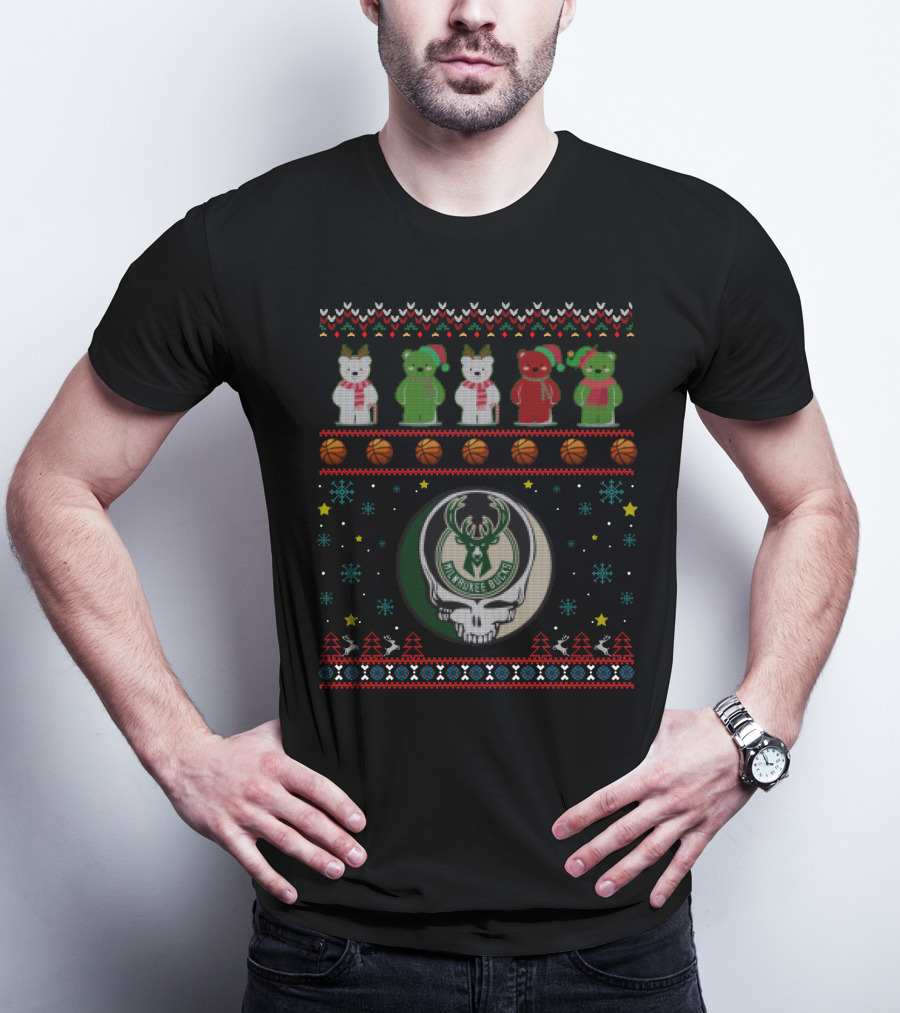 Milwaukee Bucks Grateful Dead Bears Christmas Sweater Style T-Shirt