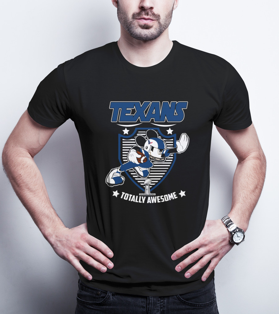 Texans Totally Awesome Football Fan Character Running With Ball On Shield T-Shirt