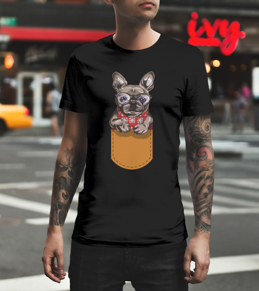 Cool Frenchie France Bulldog In Glasses With Red Scarf In Pocket T-Shirt