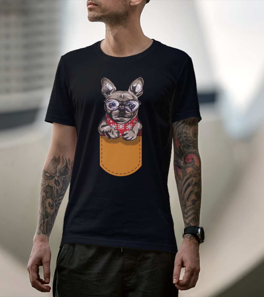 Cool Frenchie France Bulldog In Glasses With Red Scarf In Pocket T-Shirt