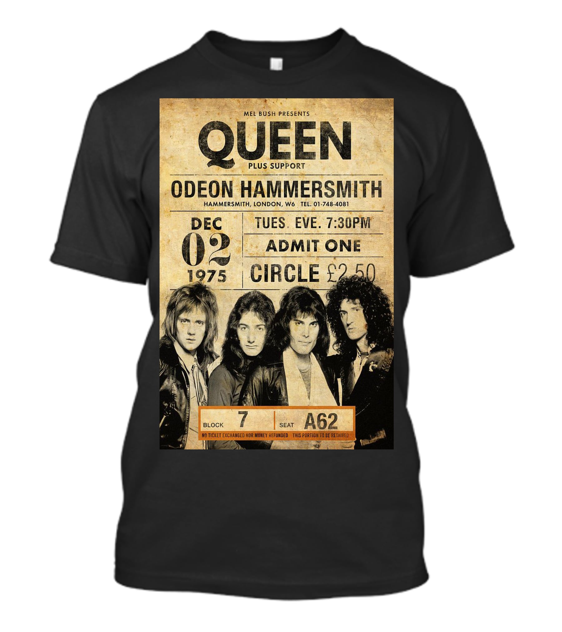 Queen Concert Odeon Hammersmith Dec 02 1975 Admit One Circle 7:30PM Block 7 Seat A62 T-Shirt