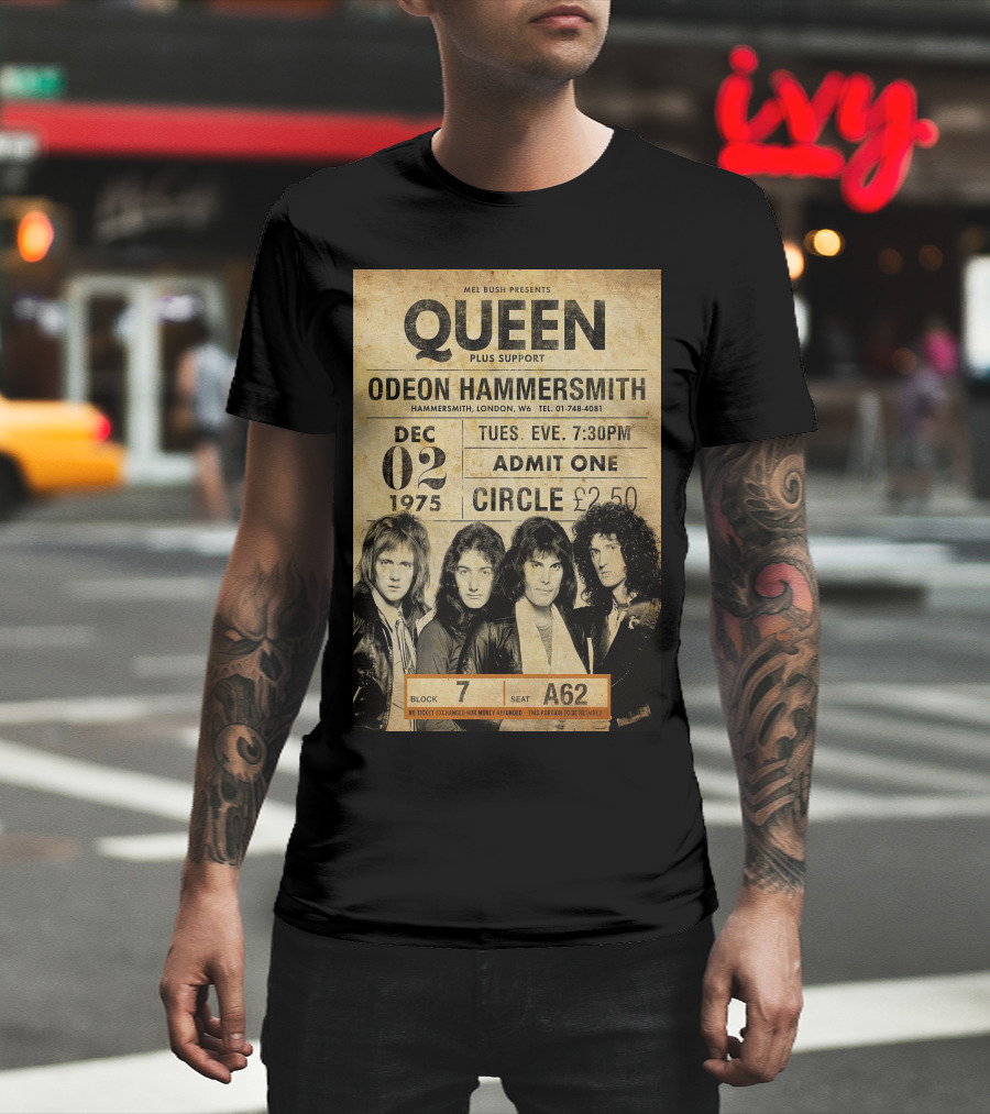 Queen Concert Odeon Hammersmith Dec 02 1975 Admit One Circle 7:30PM Block 7 Seat A62 T-Shirt