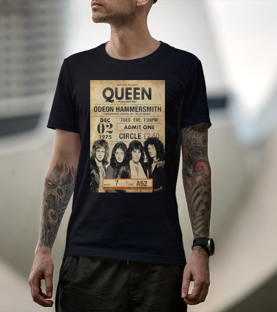 Queen Concert Odeon Hammersmith Dec 02 1975 Admit One Circle 7:30PM Block 7 Seat A62 T-Shirt