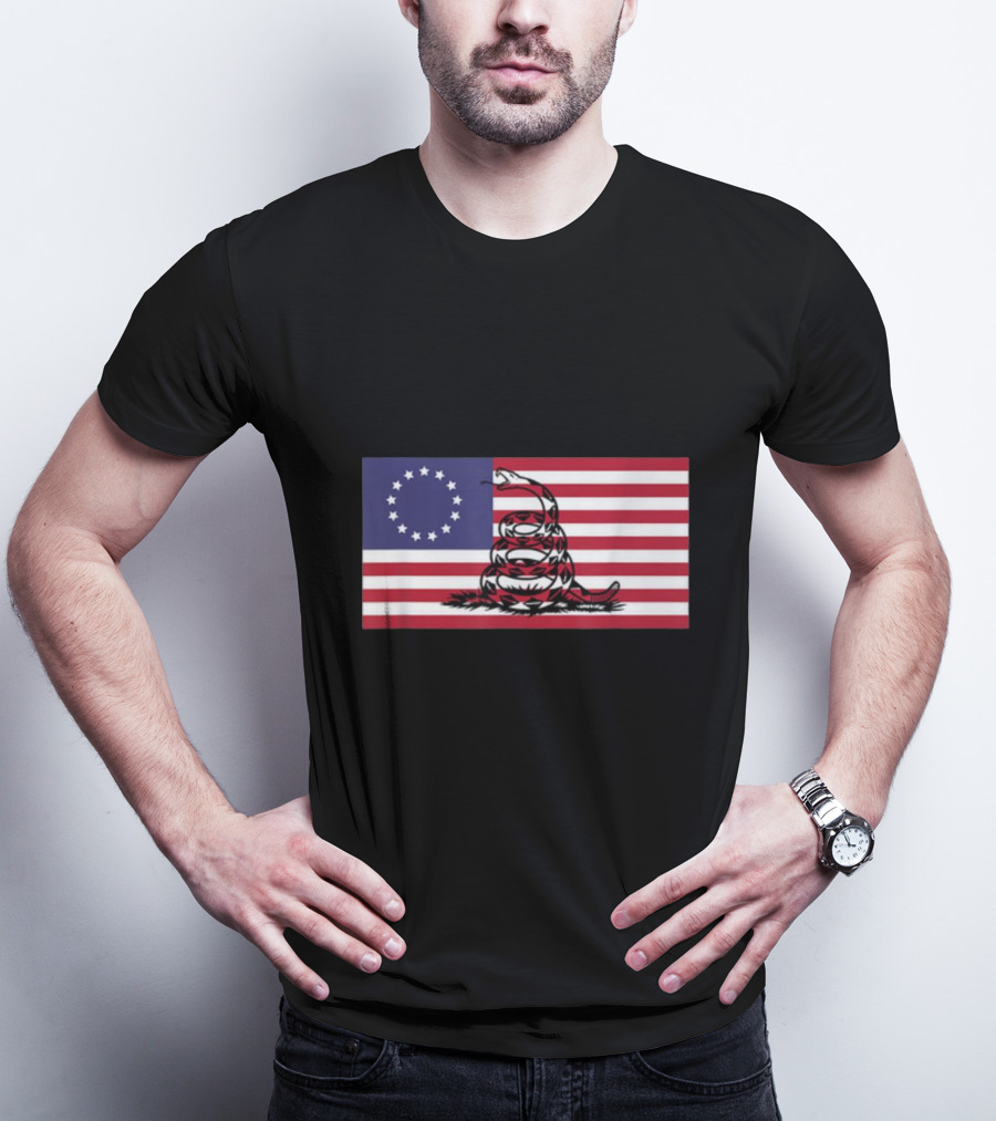 Betsy Ross Flag Combined With Gadsden Snake Icon 13 Star Colonial American Symbolism T-Shirt