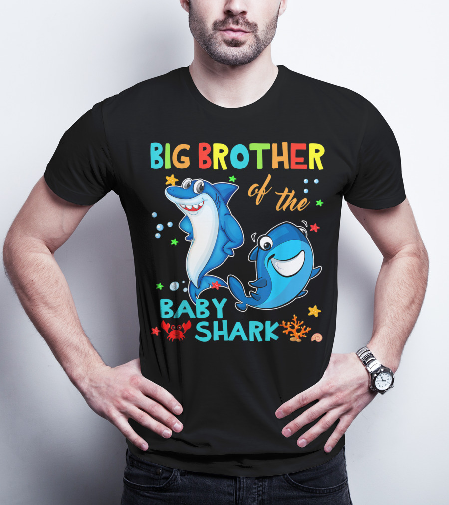 Big Brother Of The Baby Shark With Cartoon Sharks And Sea Creatures T-Shirt