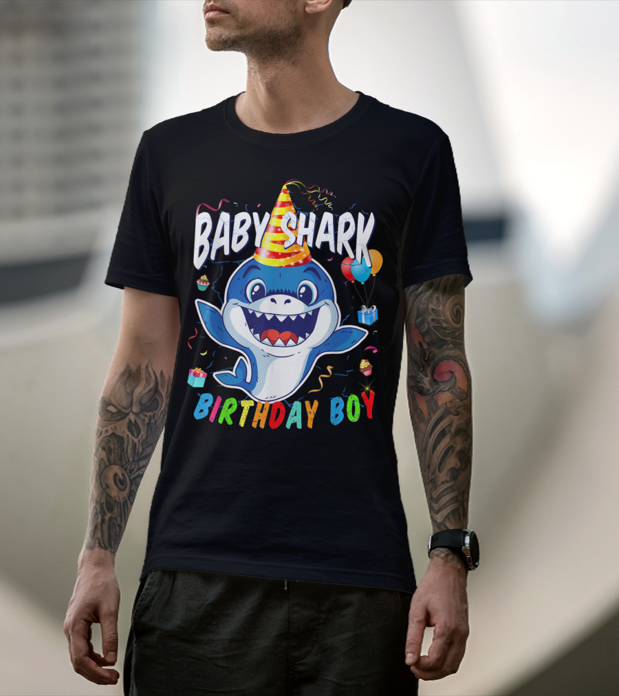 Baby Shark Birthday Boy Celebration With Party Hat And Balloons T-Shirt
