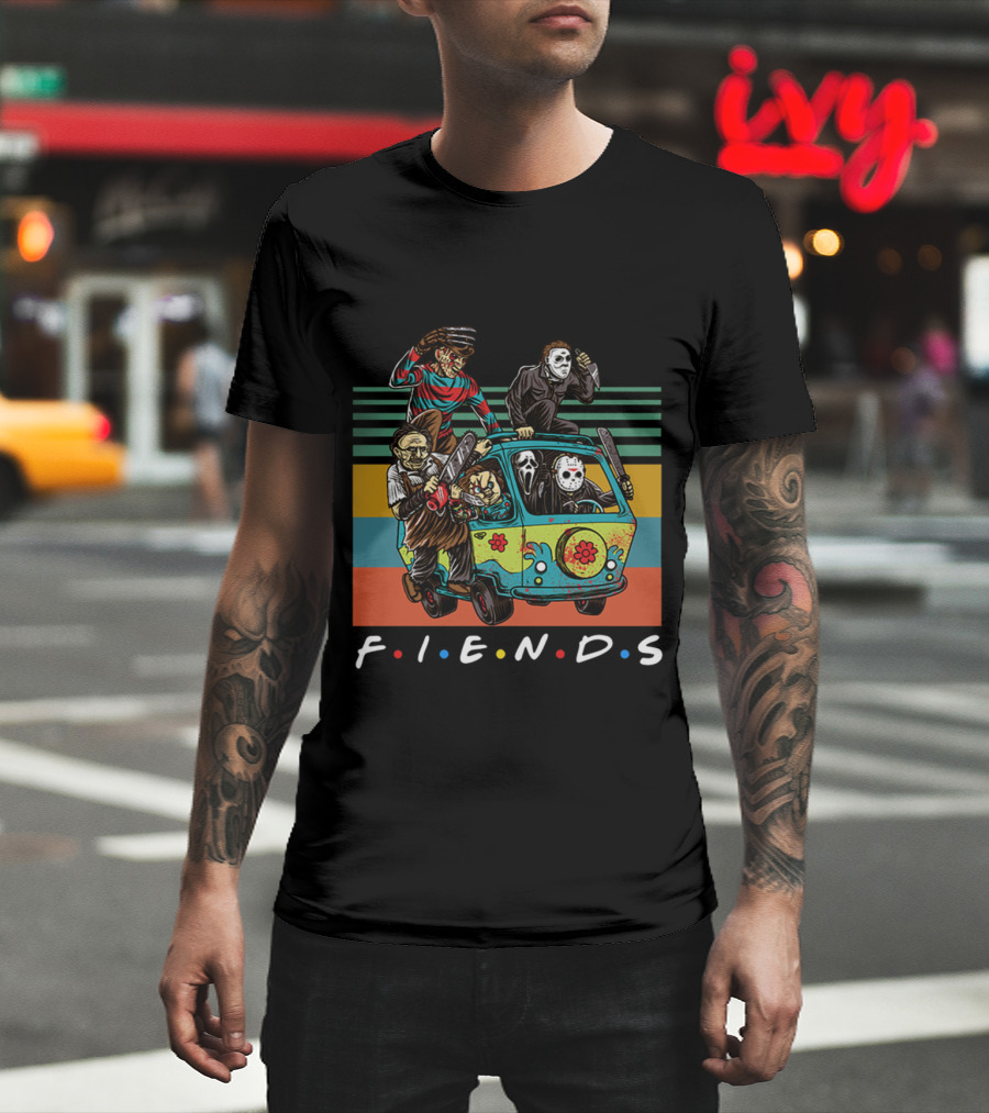 Fiends TV Show Horror Movie Characters Parody With Freddy Jason Scream Driving Scooby-Doo Van T-Shirt