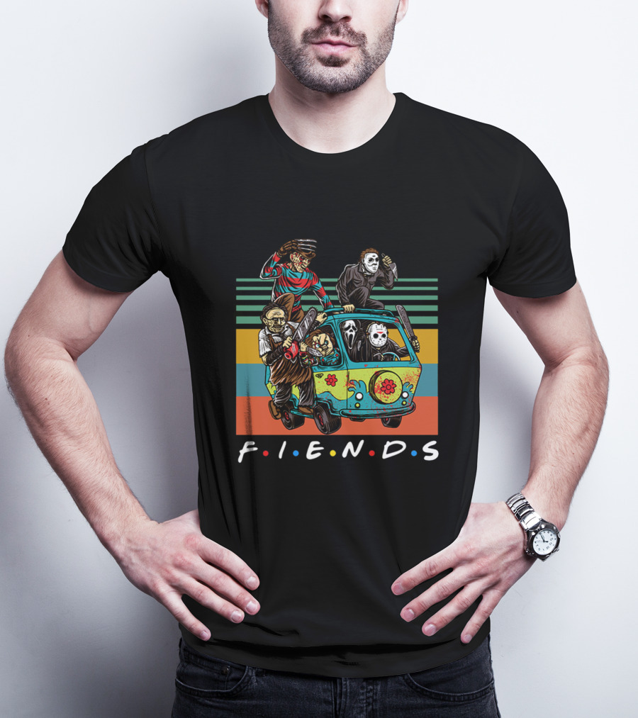 Fiends TV Show Horror Movie Characters Parody With Freddy Jason Scream Driving Scooby-Doo Van T-Shirt
