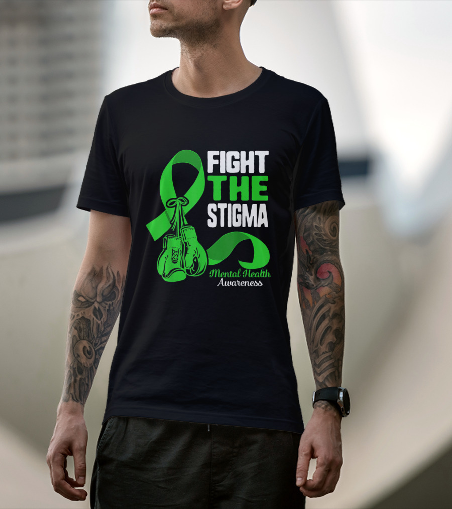 Fight The Stigma Mental Health Awareness Green Ribbon Boxing Gloves T-Shirt