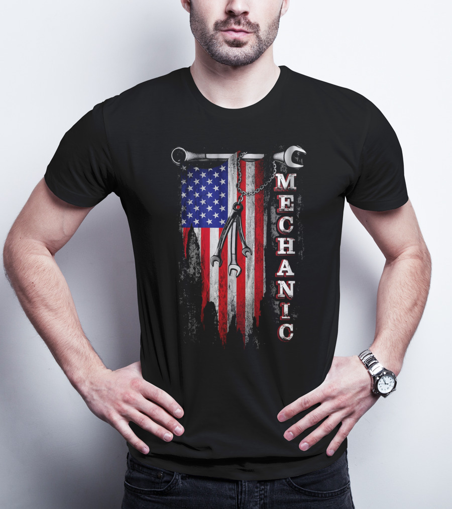 Mechanic American Flag Wrenches Chains USA T-Shirt