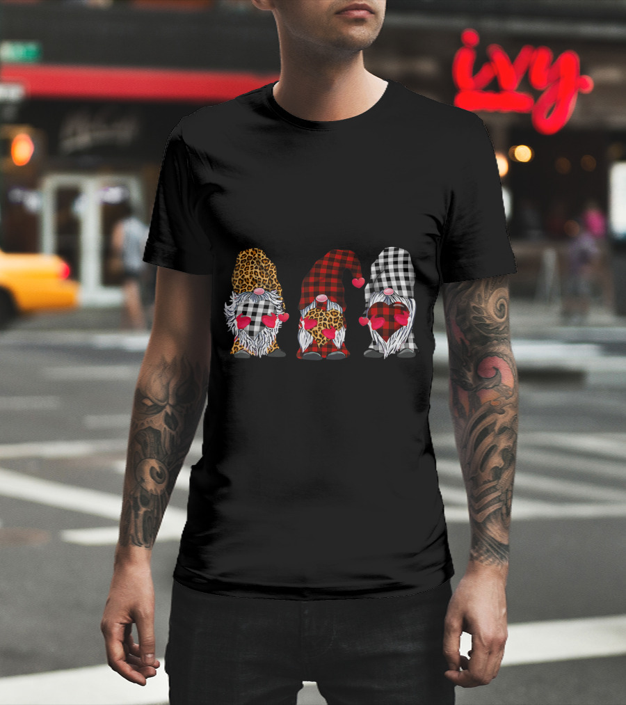 Three Gnomes Leopard Buffalo Plaid Hearts Valentines T-Shirt