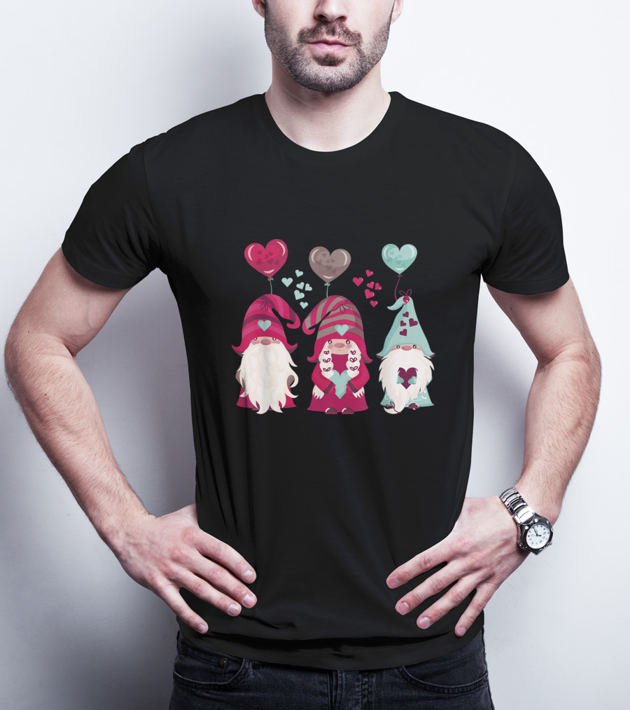 Three Gnomes With Heart Balloons Valentines T-Shirt