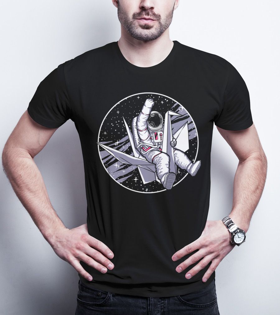 Astronaut Riding Origami Crane In Space Scene T-Shirt