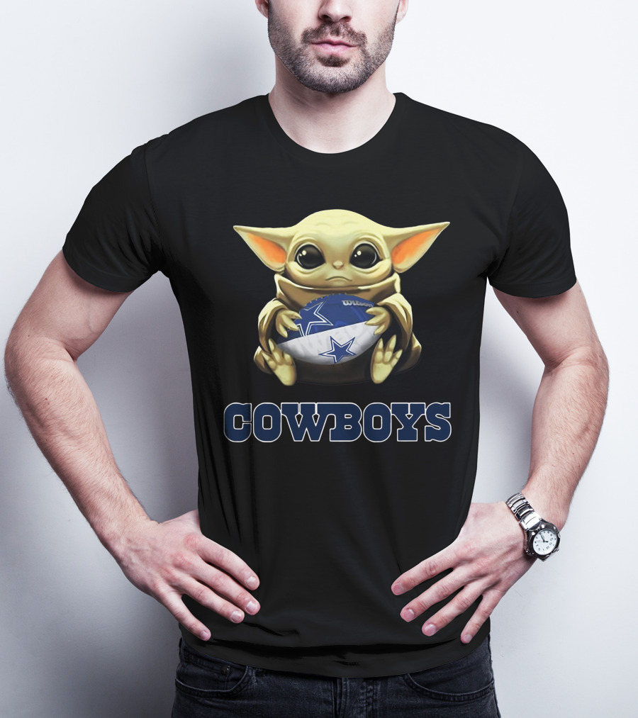 Cowboys Baby Yoda Holding Football Star Wars Crossover T-Shirt