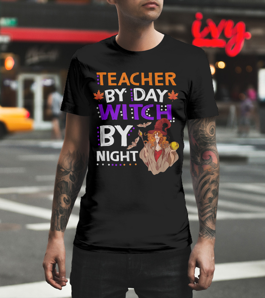 Teacher By Day Witch By Night Halloween Magic Bats Moon T-Shirt