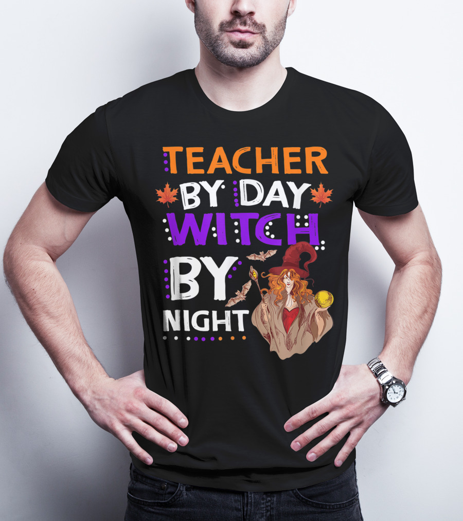 Teacher By Day Witch By Night Halloween Magic Bats Moon T-Shirt