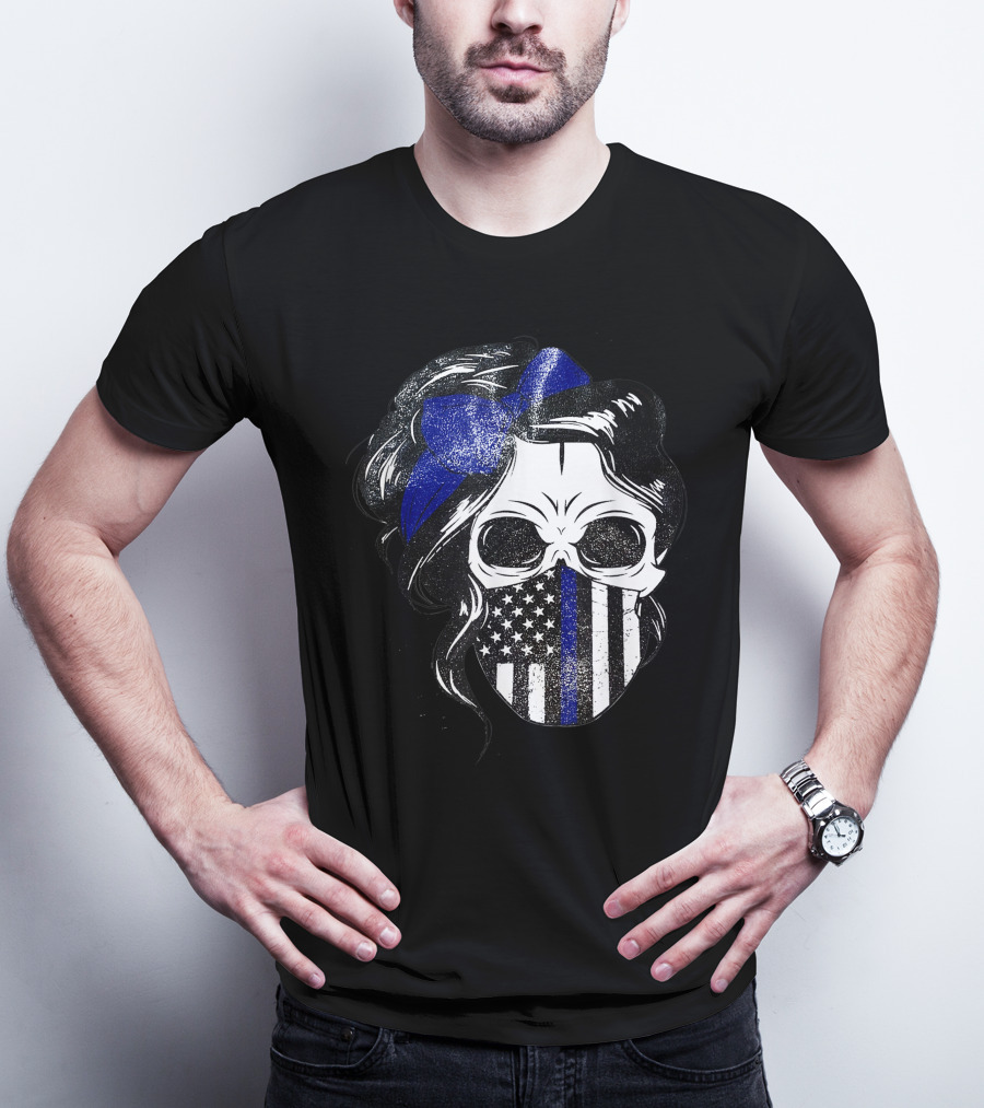 Skull Flag Blue Line Mask With Hair Bow And American T-Shirt