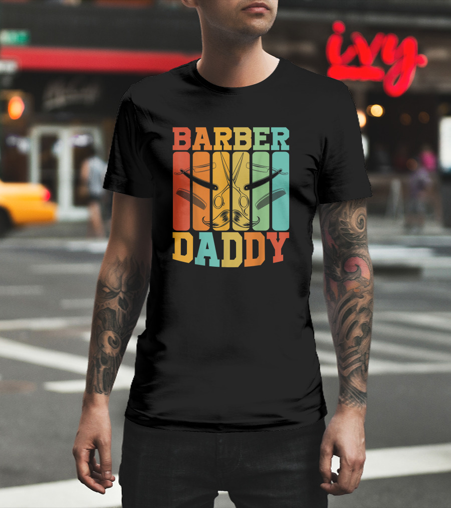 Barber Daddy Scissors And Comb Mustache Style Retro Blocks T-Shirt