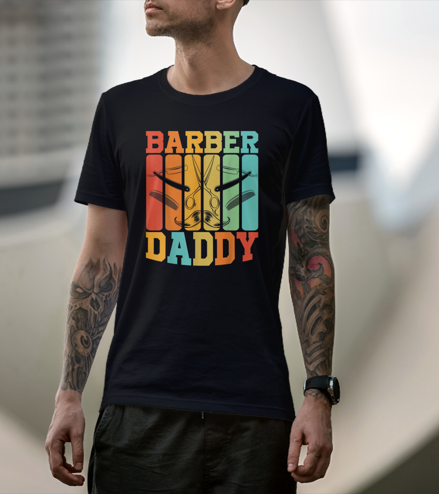 Barber Daddy Scissors And Comb Mustache Style Retro Blocks T-Shirt