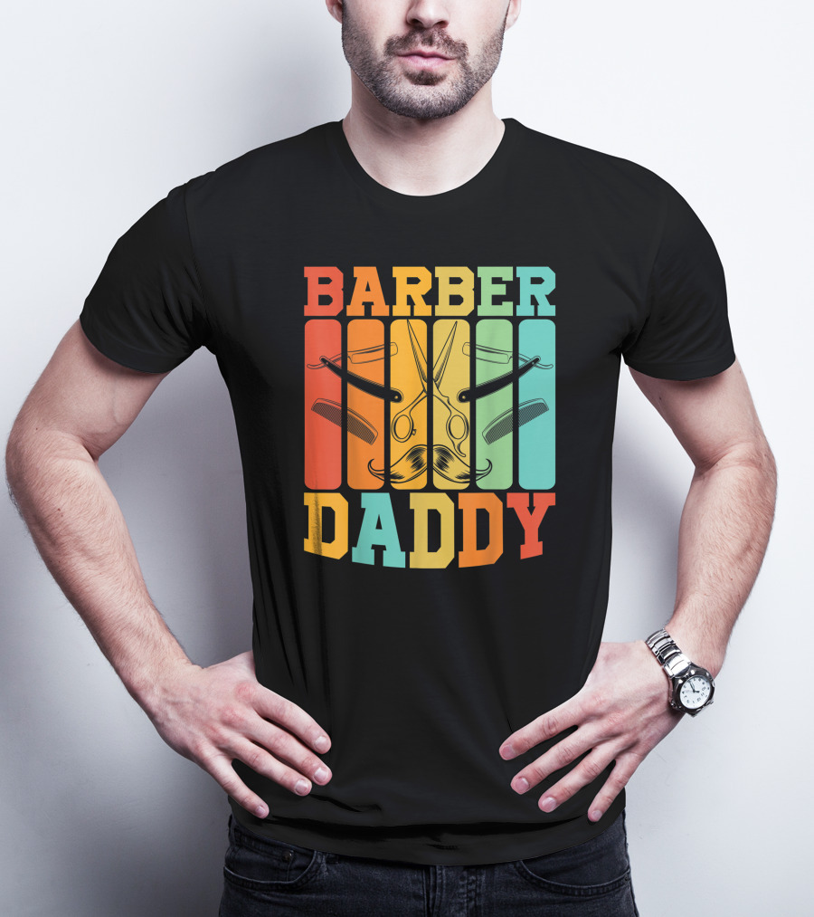Barber Daddy Scissors And Comb Mustache Style Retro Blocks T-Shirt
