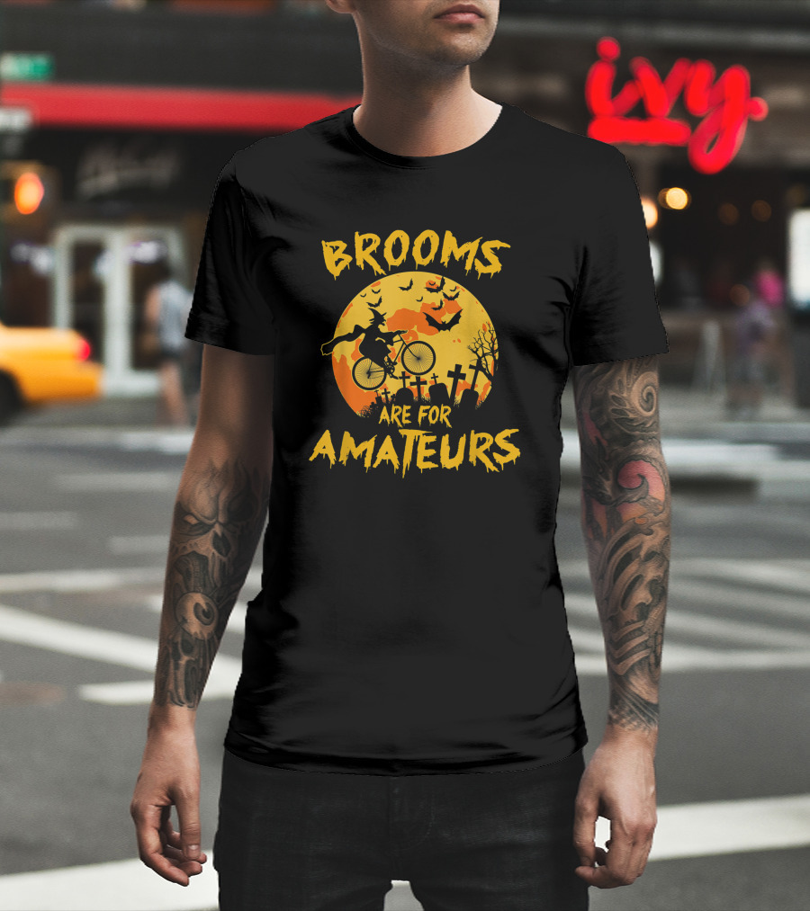 Brooms Are For Amateurs Witch Riding Bicycle Halloween Moon Graveyard Bats T-Shirt