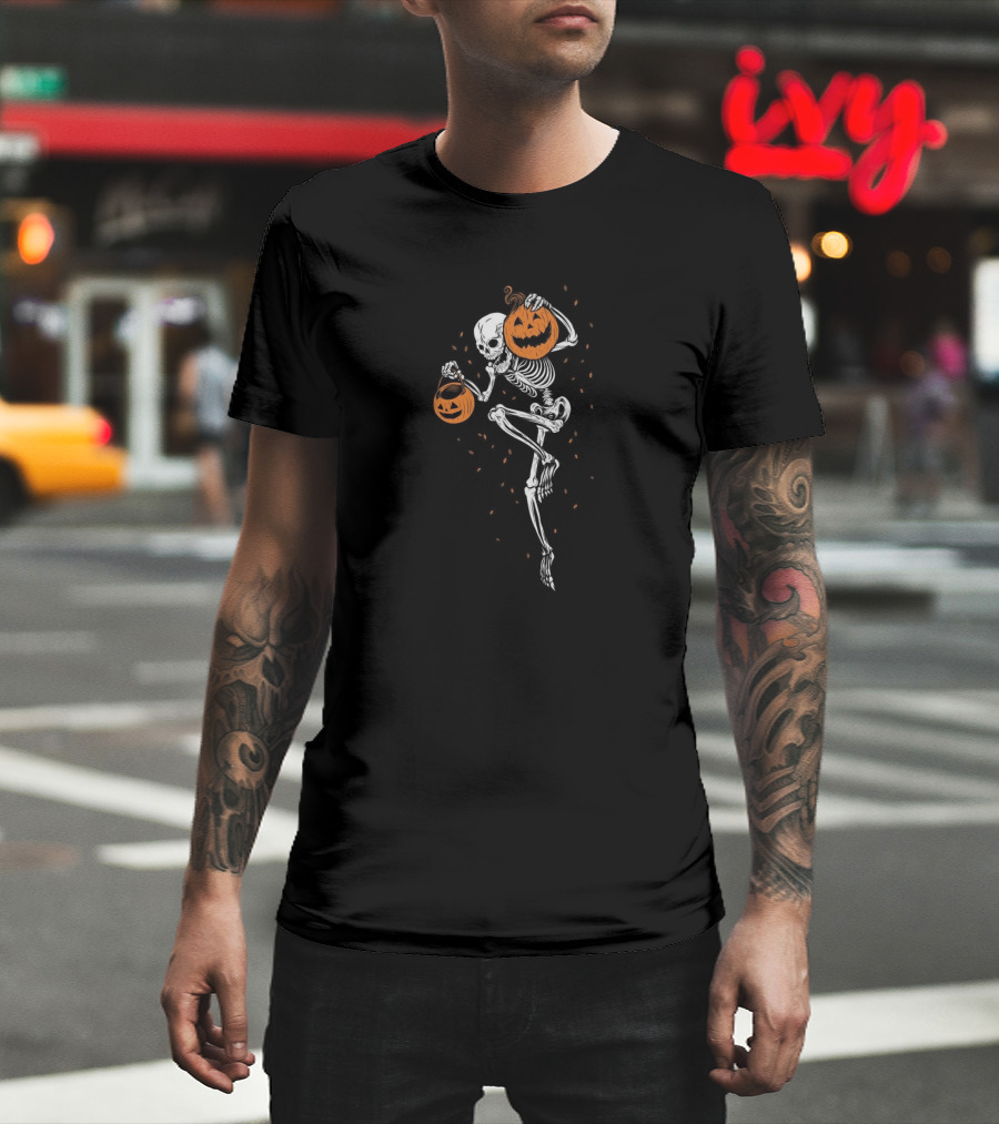 Skeleton Dancing With Pumpkins Halloween Fun T-Shirt