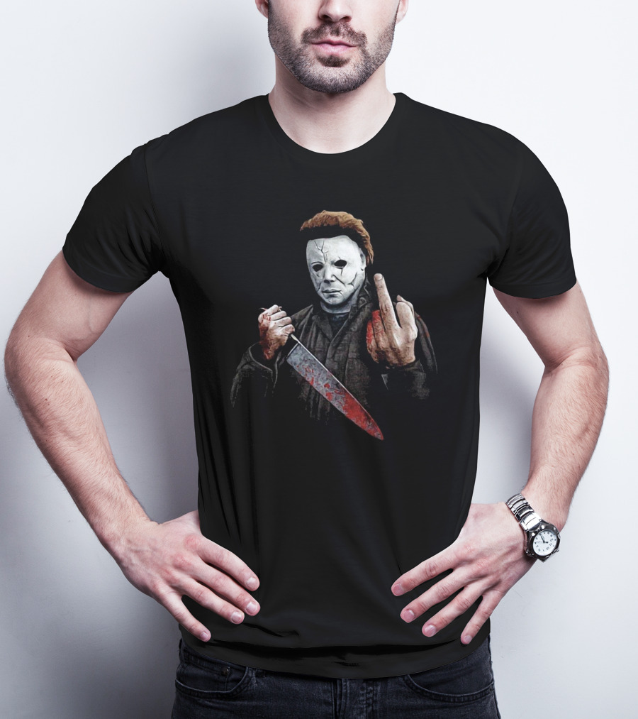 Halloween Michael Myers Holding Bloody Knife And Middle Finger Gesture T-Shirt