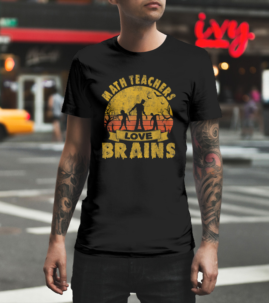 Math Teachers Love Brains Zombie Apocalypse Retro Sunset T-Shirt