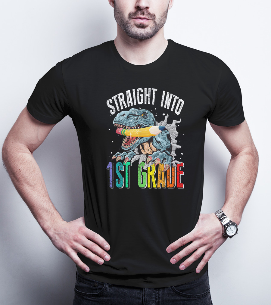 Straight Into 1st Grade Dinosaur Pencil Graphic Back To School T-Shirt