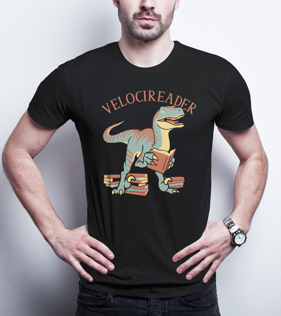 VELOCIREADER Dinosaur Reading Book With Stacked Books T-Shirt