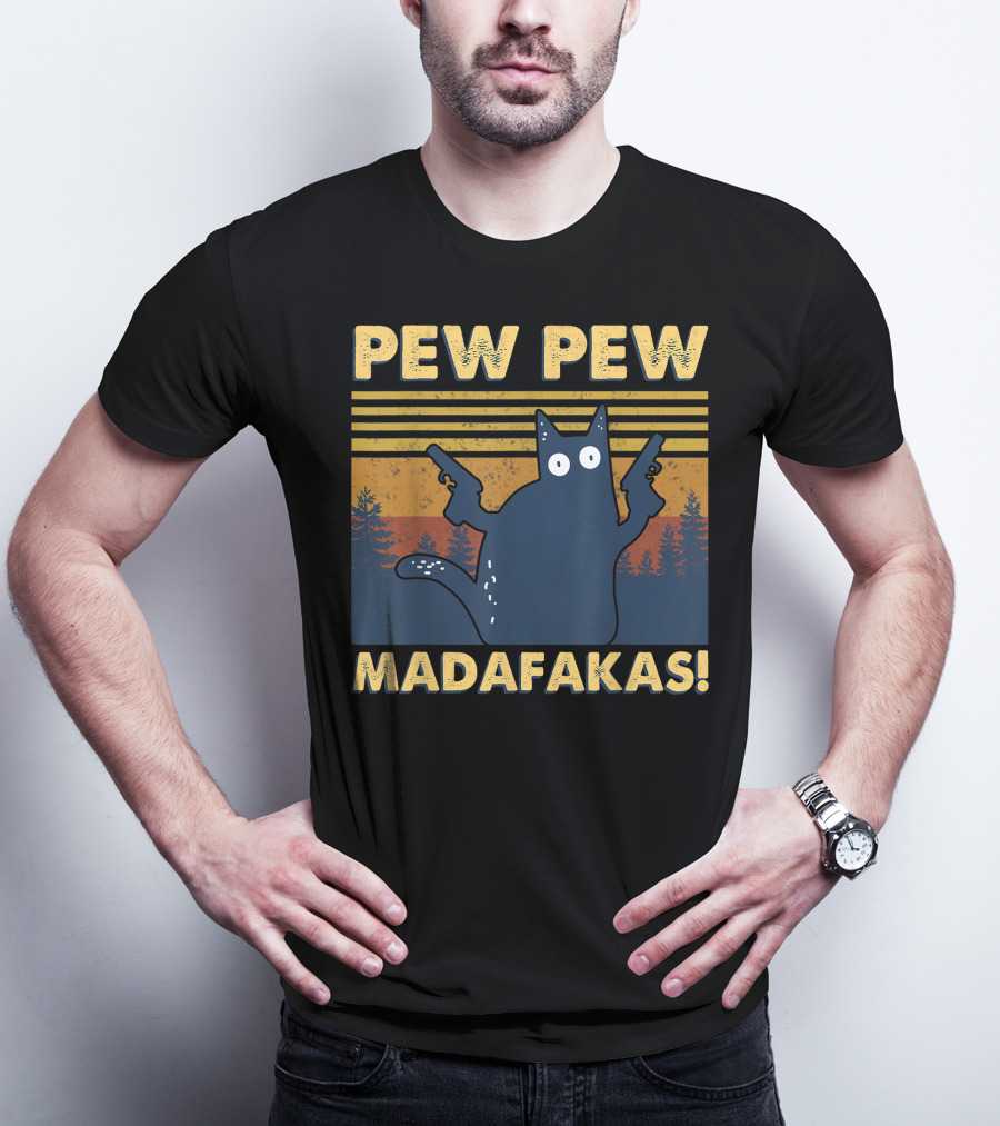 Pew Pew Madafakas Cat Retro Gun-Wielding Forest T-Shirt