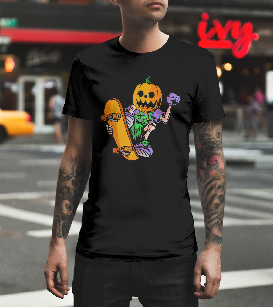 Pumpkin Head Trick Skateboarding With Halloween T-Shirt