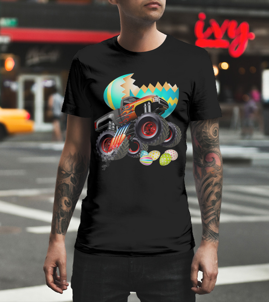 Monster Truck Cracking Colorful Easter Eggs Explosion T-Shirt