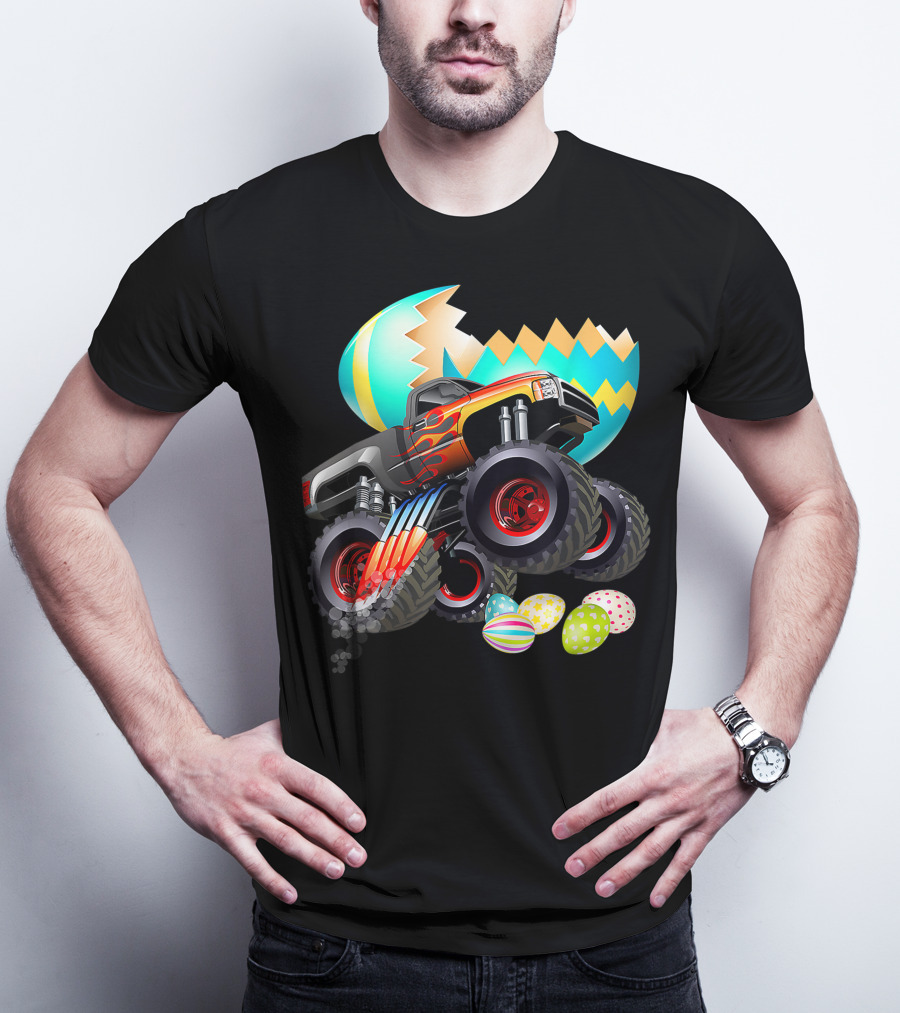 Monster Truck Cracking Colorful Easter Eggs Explosion T-Shirt