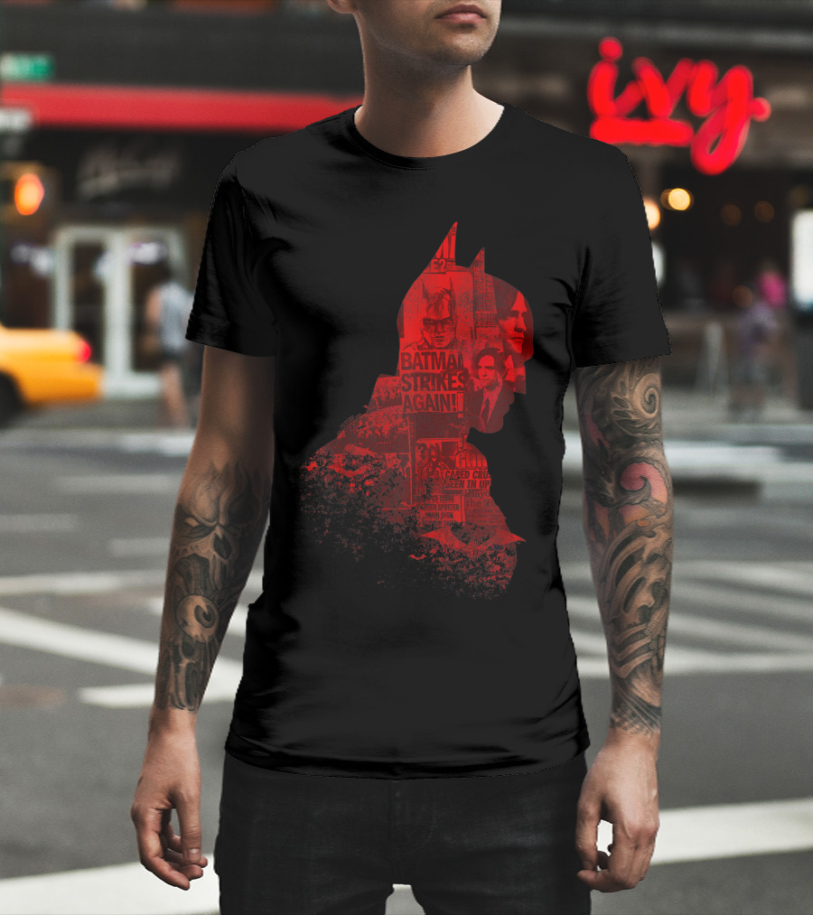 Batman Strikes Again Silhouette Collage Newspaper Headlines T-Shirt