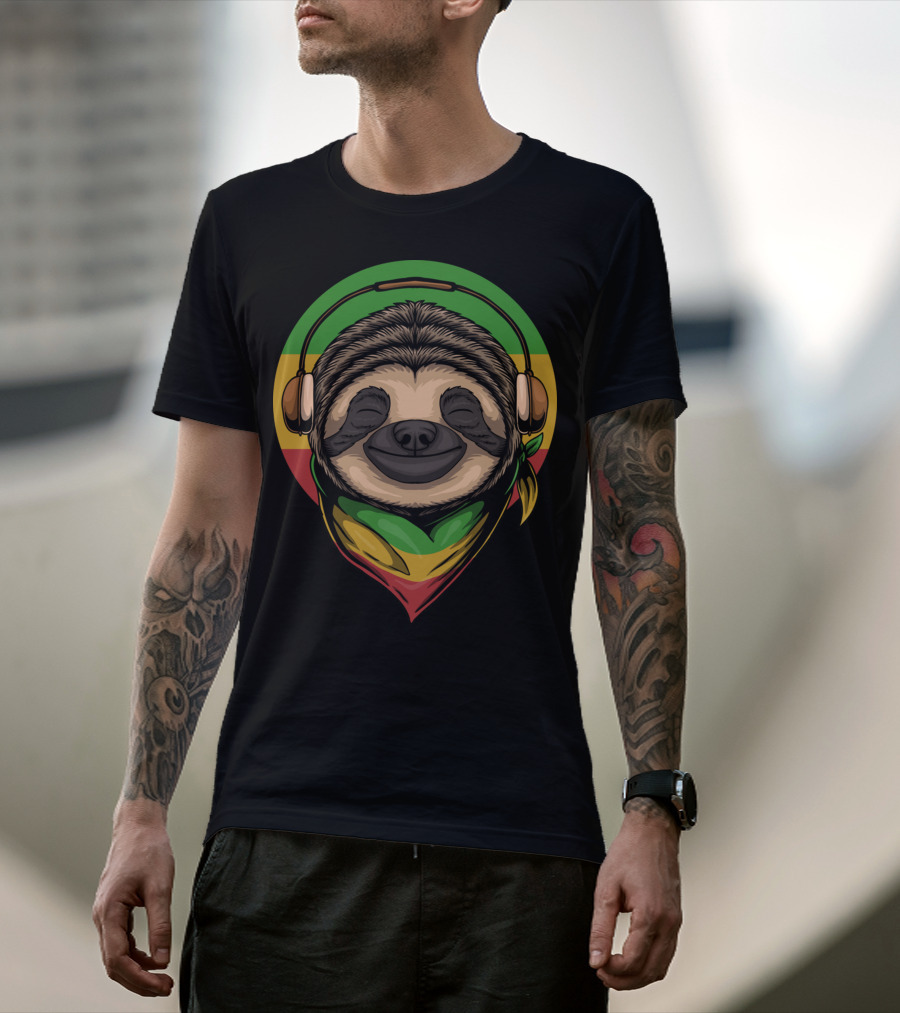 Sloth Rasta Headphones Rasta Colors T-Shirt
