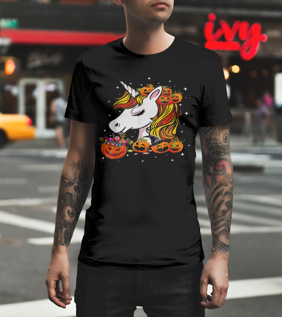 Candy Corn Unicorn Surrounded By Jack-O-Lanterns And Candy-Eyed Treats Halloween T-Shirt