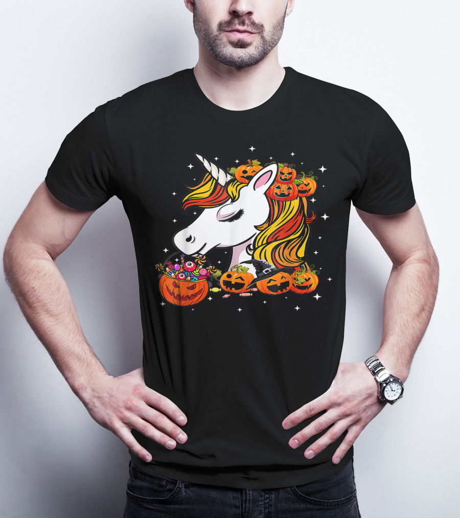 Candy Corn Unicorn Surrounded By Jack-O-Lanterns And Candy-Eyed Treats Halloween T-Shirt